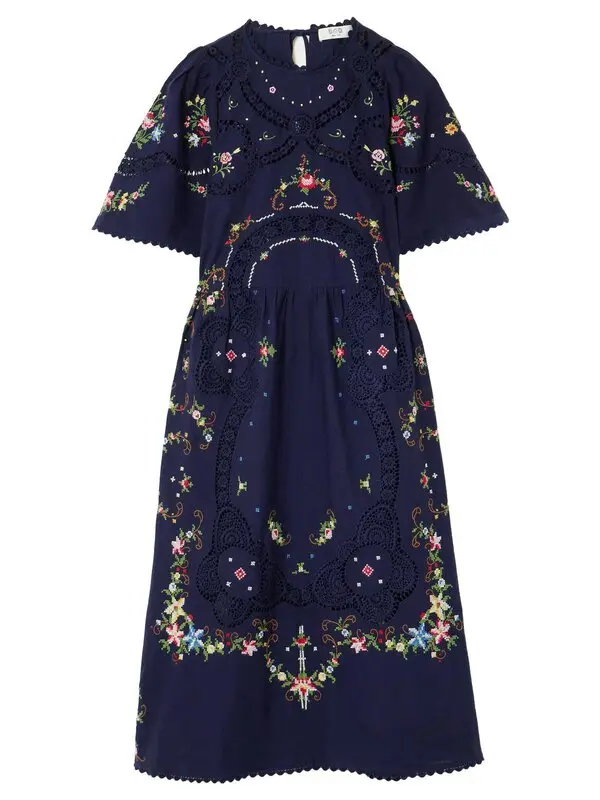 Sea Edwina Floral Lace-trimmed Embroidered Cotton Midi Dress - Blue