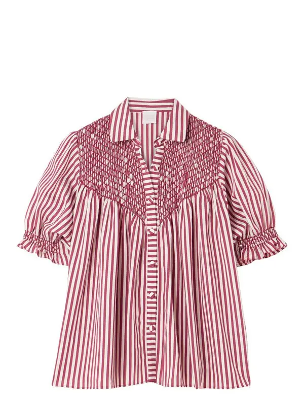 Loretta Caponi Milvia Smocked Striped Satin Blouse - Red