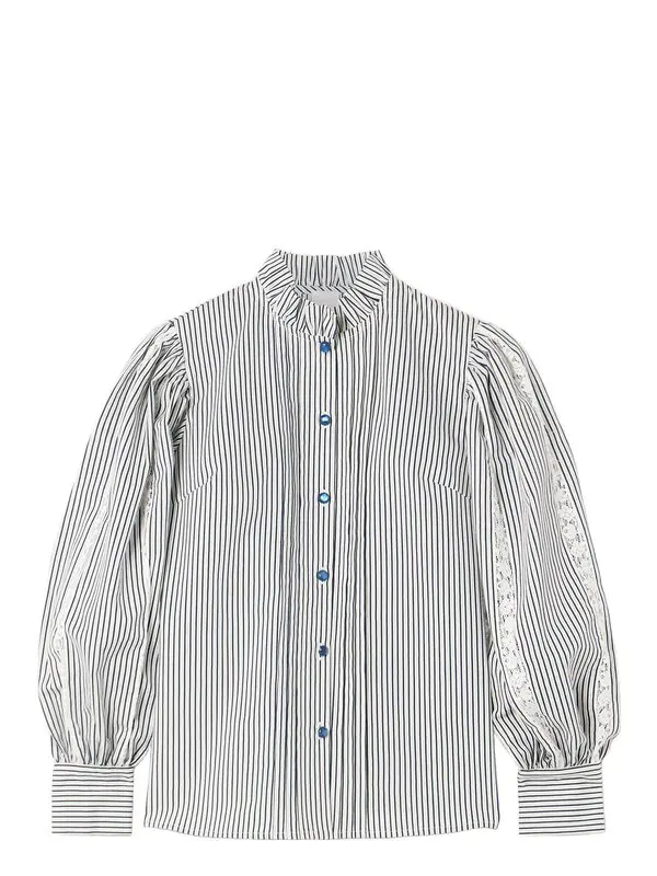 Loretta Caponi Anastasia Lace-trimmed Striped Blouse - Blue