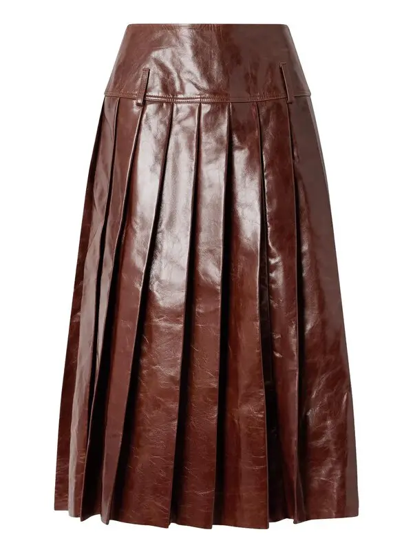 TOLU COKER Pleated Glossed-leather Midi Skirt - Brown