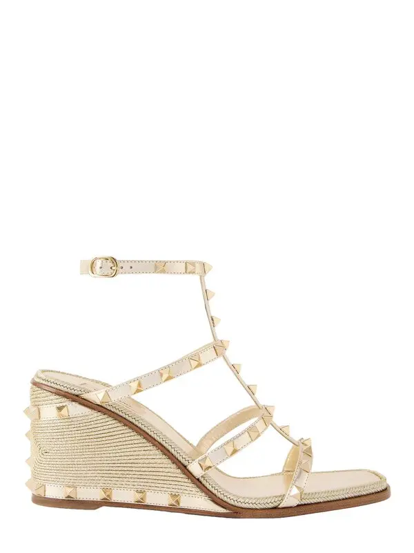 Valentino Garavani Rockstud Metallic Leather Espadrille Wedge Sandals - Gold