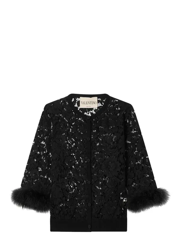 Valentino Garavani Feather-trimmed Corded Lace Cardigan - Black