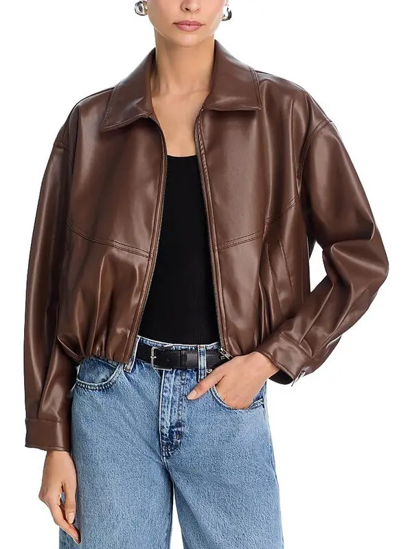 Aqua Faux Leather Bubble Hem Bomber Jacket - Brown