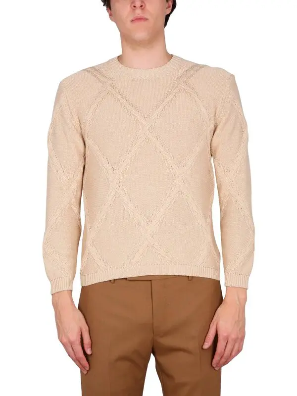 BALLANTYNE Cotton Cable Stitch Crew Neck Sweater - Beige