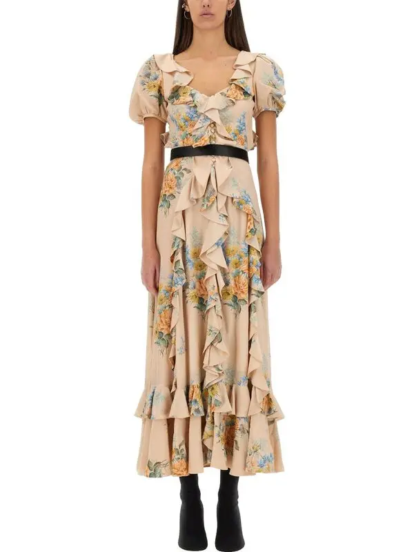 Alexander McQueen Floral Print Silk Dress - Beige