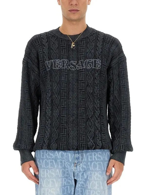 Versace Slim-fit Cotton Knit With Greek Braid Work - Grey