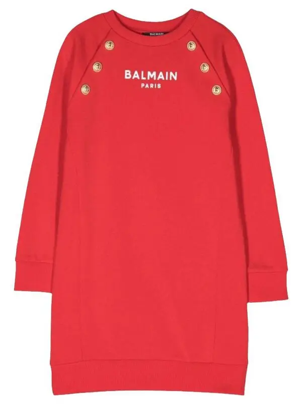 Balmain Logo Sweatshirt Dress With Button Detail - Red