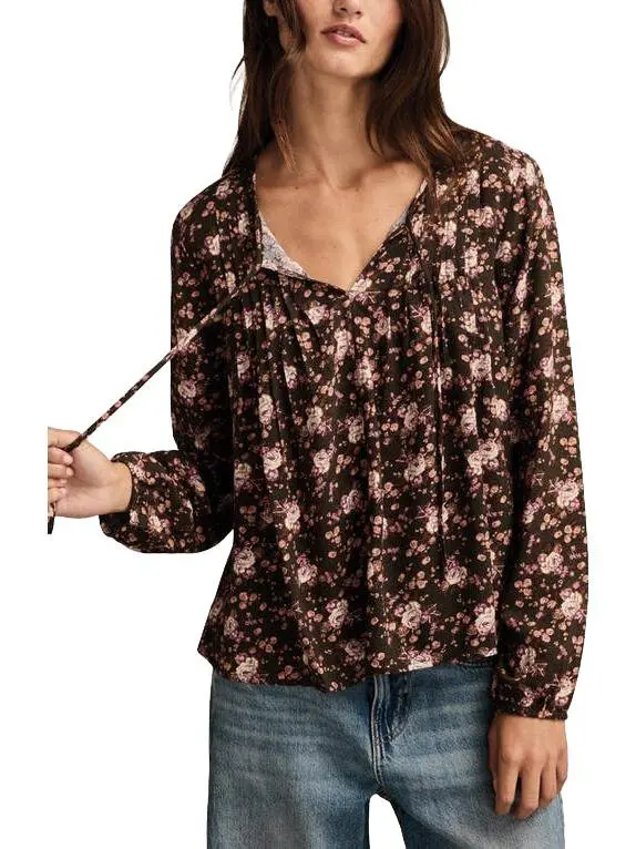 Lucky Brand Pintuck Floral Peasant Top - Black Multi