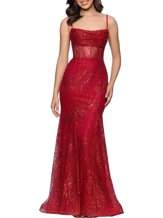 BLONDIE NITES Sequin Corset Mermaid Gown - Red