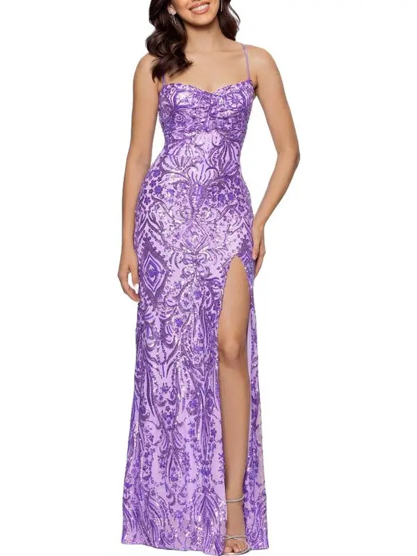 BLONDIE NITES Sequin Paisley Sheath Gown - Lavender