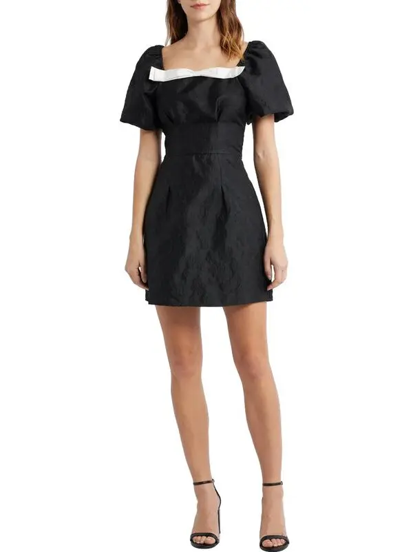 SISTER JANE Puff Sleeve Jacquard Minidress - Black