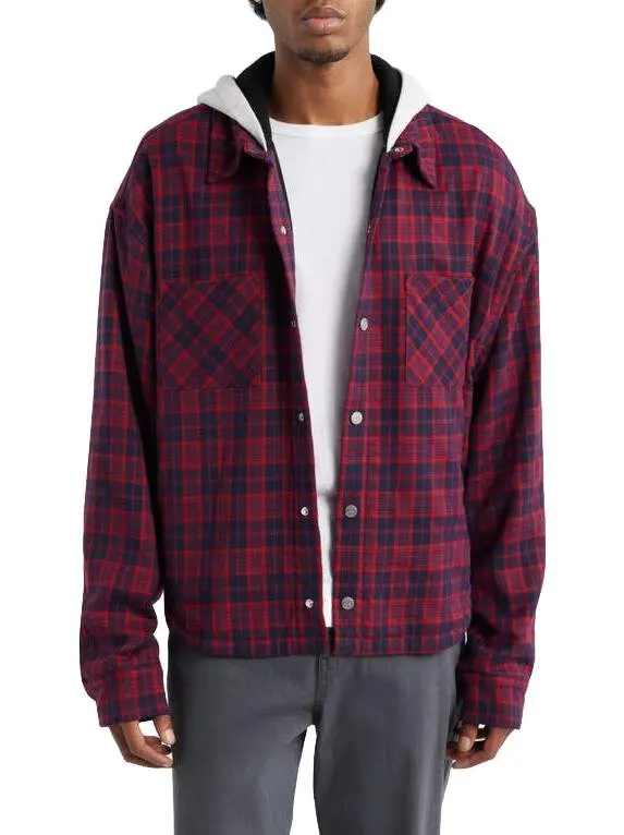 DIET STARTS MONDAY Eagle Hooded Plaid Snap-up Flannel Shirt Jacket - Red/navy