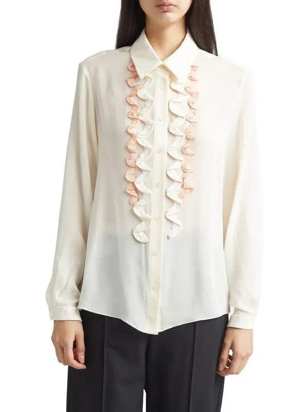 Marni Silk Crêpe De Chine Button-up Shirt With Ruffle Appliqu - Brown/antique White