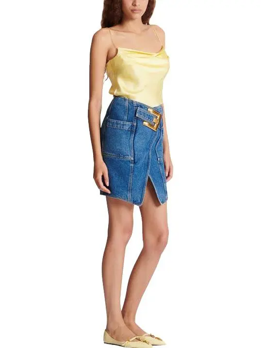Balmain Denim Skirt With Anthem Buckle Belt - Blue