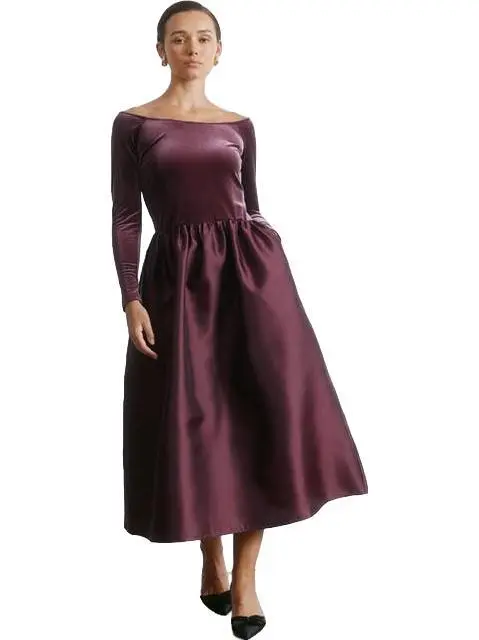 ALBARAY Velvet & Taffeta Bardot Dress - Burgundy
