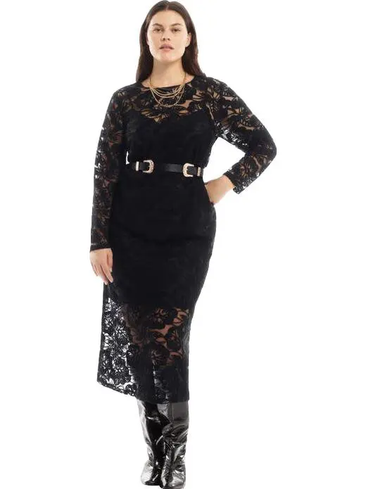 JUNE + VIE Lined Lace Column Midi Dress - Black Onyx