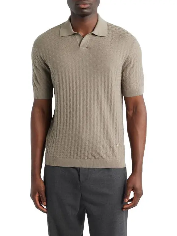 Emporio Armani Basket-weave Stitch Johnny Collar Virgin Wool Polo Sweater - Solid Medium Beige