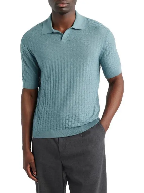 Emporio Armani Basket-weave Stitch Johnny Collar Virgin Wool Polo Sweater - Teal