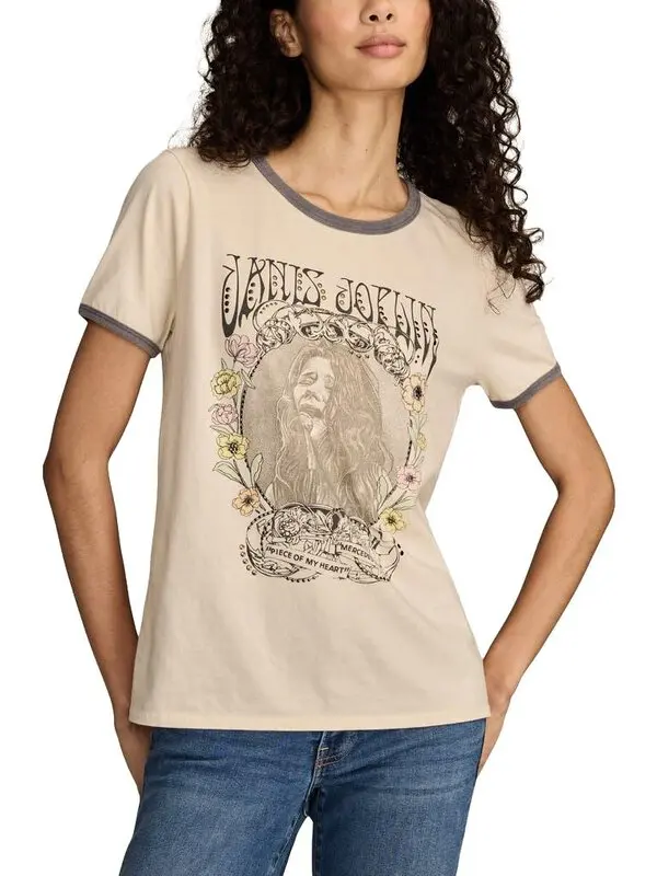 Lucky Brand Floral Janis Joplin Graphic Ringer T-shirt - Bone White