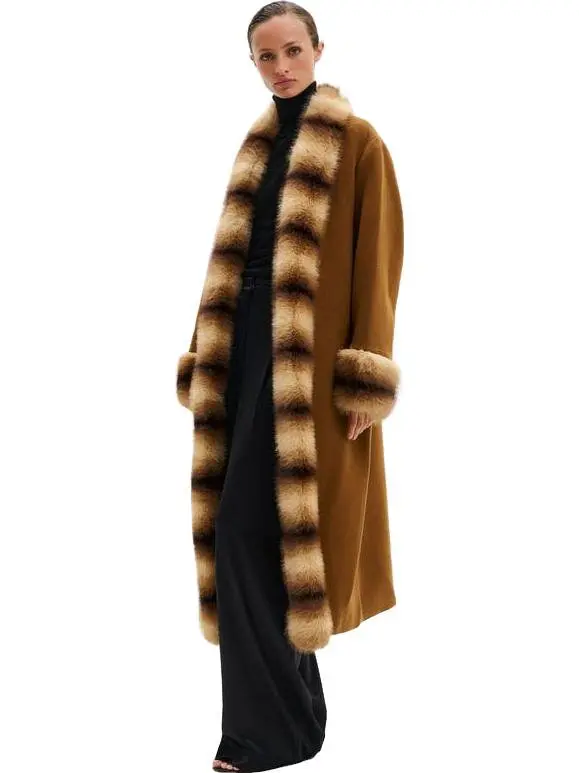 MALINA Anouk Yve Faux Fur Trim Wool Coat - Camel