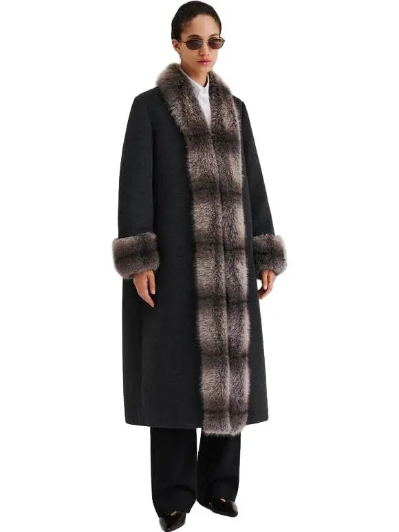 MALINA Anouk Yve Faux Fur Trim Wool Coat - Grey
