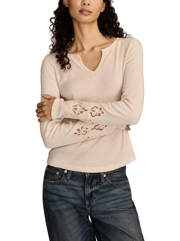 Lucky Brand Cutwork Detail Cotton Rib Top - Pastel Rose Tan