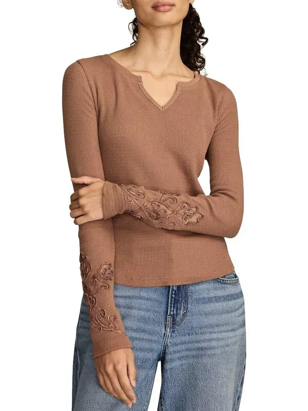 Lucky Brand Cutwork Detail Cotton Rib Top - Raw Umber