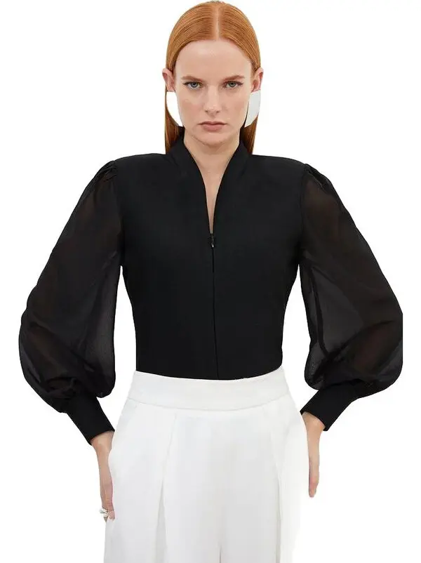 Karen Millen Zip Detail Chiffon Sleeve Knit Top - Black