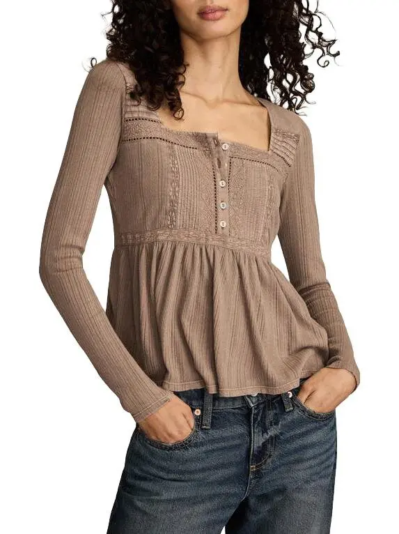 Lucky Brand Embroidered Peplum Top - Deep Taupe