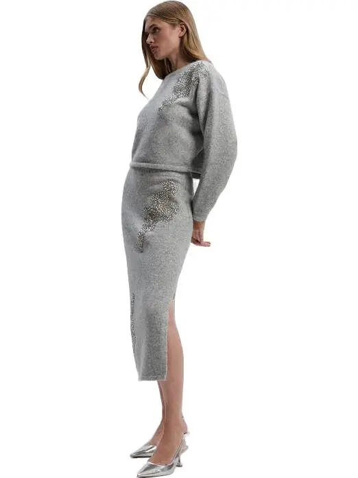 Karen Millen Embellished Wool Blend Pencil Midi Skirt - Grey