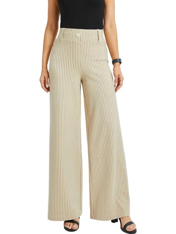 Betabrand High-waist Wide Leg Trousers - Ivory Black Pinstripe