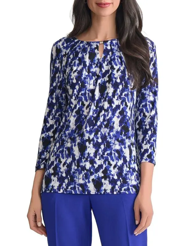 KASPER Pleated Three-quarter Sleeve Top - Kasper Navy Multi