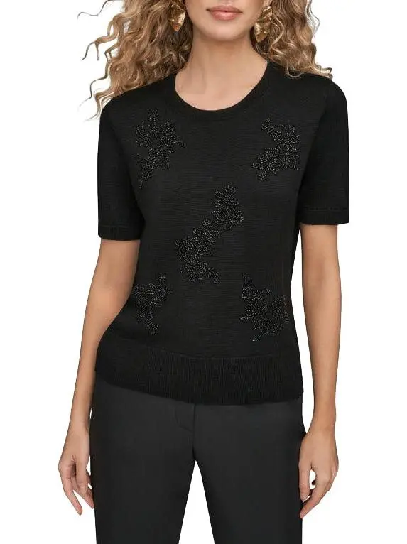 Donna Karan New York Floral-embellished Merino Wool Knit Top - Black