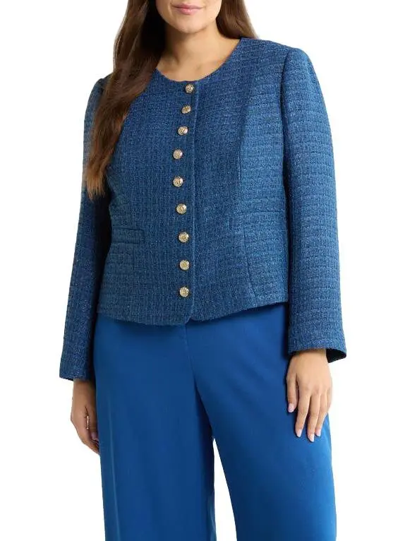 TAHARI ASL Collarless Bouclé Jacket - Riverside Blue