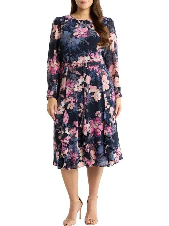 TAHARI ASL Floral Belted Long Sleeve Dress - Navy Peri Rose