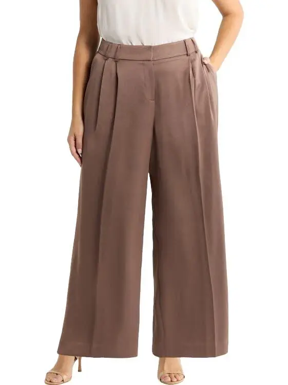TAHARI ASL Pleated Satin Wide Leg Trousers - Mocha