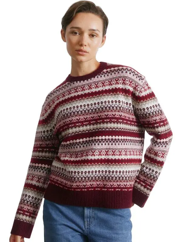 ALBARAY Fair Isle Crew Neck Sweater - Burgundy
