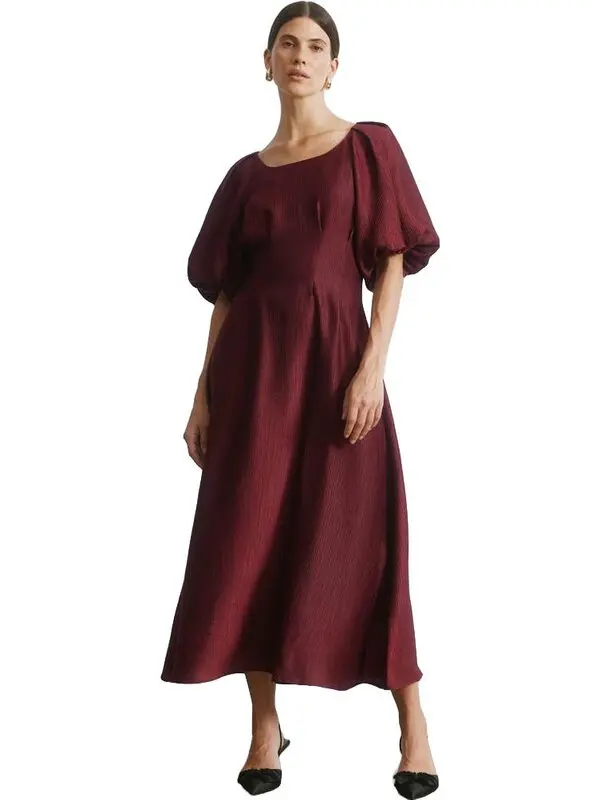 ALBARAY Crinkle Satin Short Sleeve Midi Dress - Burgundy