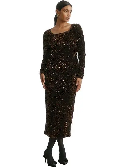 ALBARAY Velvet & Sequin Midi Dress - Chocolate