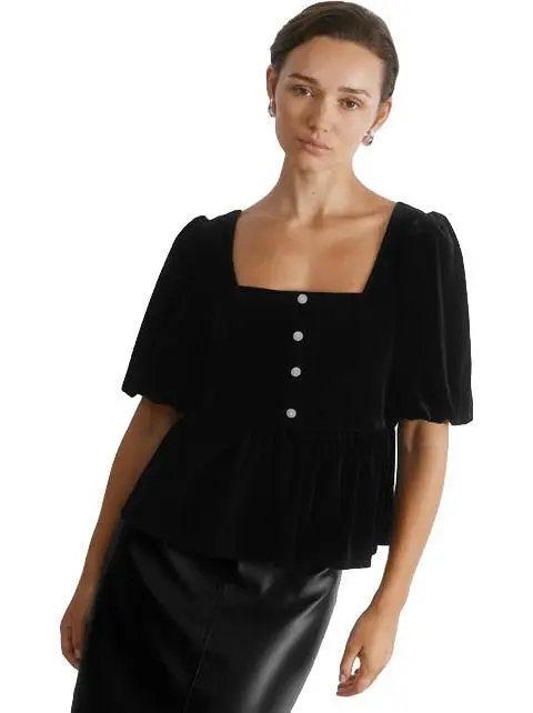 ALBARAY Diamonte Velvet Puff Sleeve Top - Black