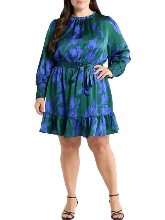 SUGARLIPS Floral Sevilla Satin Long Sleeve Dress - Emerald-multi