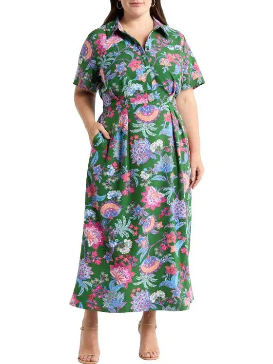 SUGARLIPS Elara Floral Marisy Shirtdress - Emerald-multi