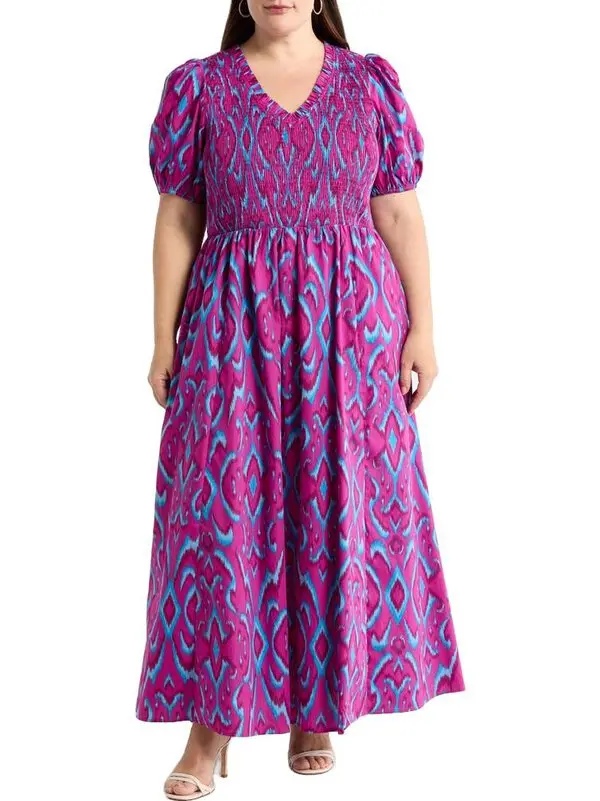 SUGARLIPS Ivani Abstract Smocked Maxi Dress - Magenta-blue