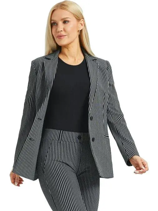Betabrand Classic Stretch Ponte Blazer - Black Beige Pinstripe