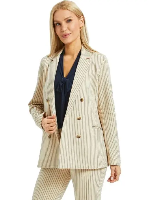 Betabrand Double-breasted Stretch Ponte Blazer - Ivory Black Pinstripe