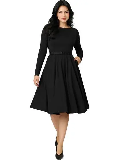 Unique Vintage Long Sleeve Devon Swing Dress - Black Solid