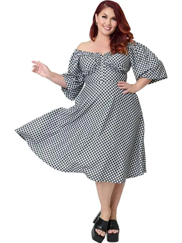 Unique Vintage Peasant Sleeve Swing Dress - Black & White Gingham