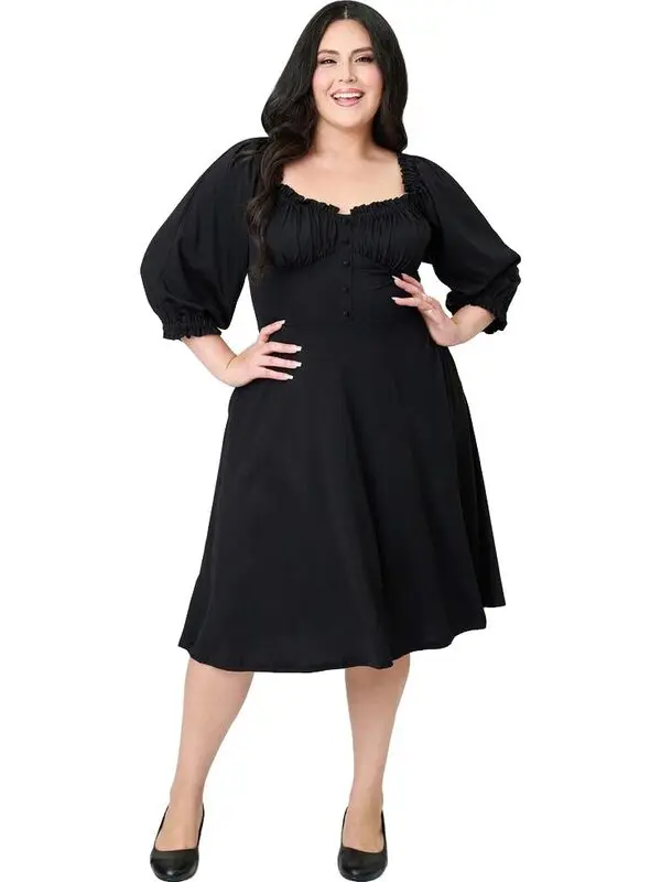 Unique Vintage Peasant Sleeve Swing Dress - Black Ruffle