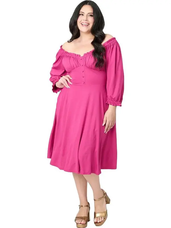 Unique Vintage Peasant Sleeve Swing Dress - Pink Solid