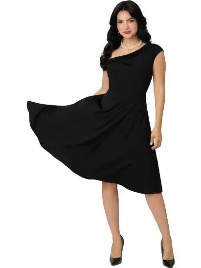 Unique Vintage Asymmetrical Neck Swing Dress - Black Solid